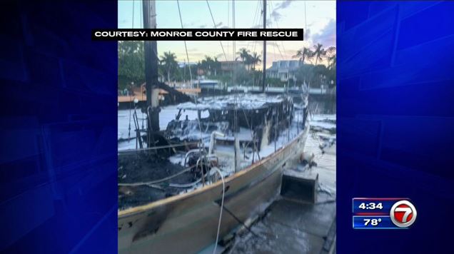 Key Largo sailboat destroyed by fire - WSVN 7News | Miami News, Weather ...