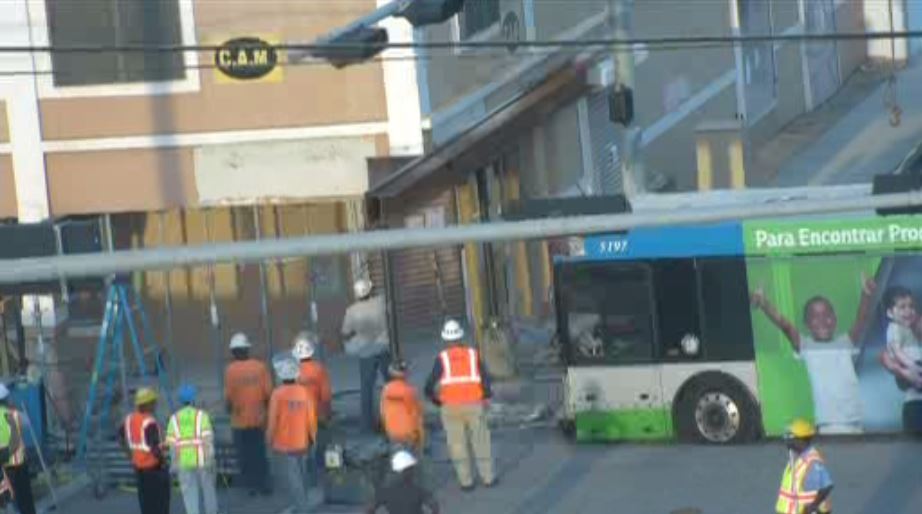Crews safely remove bus from Miami building - WSVN 7News | Miami News ...