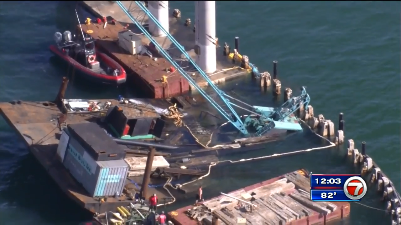 Barge partly sinks under Rickenbacker Causeway - WSVN 7News | Miami ...