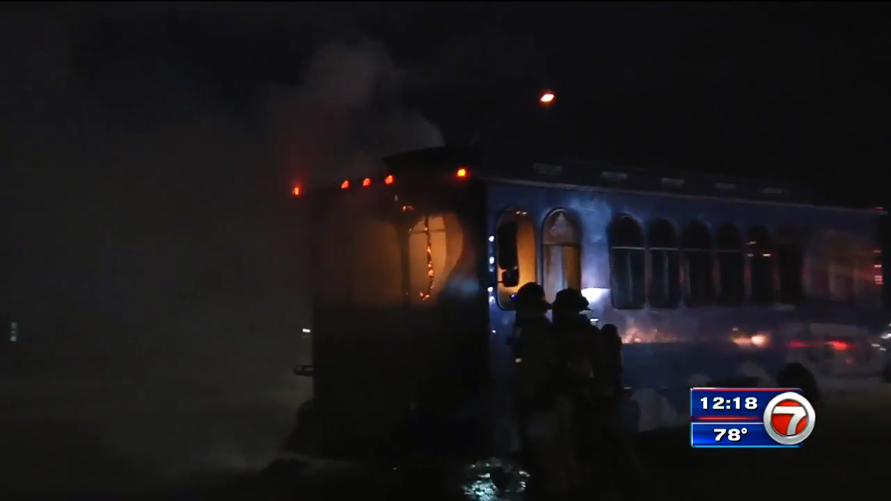 Firefighters extinguish flames inside trolley on SR 112 in Miami - WSVN ...