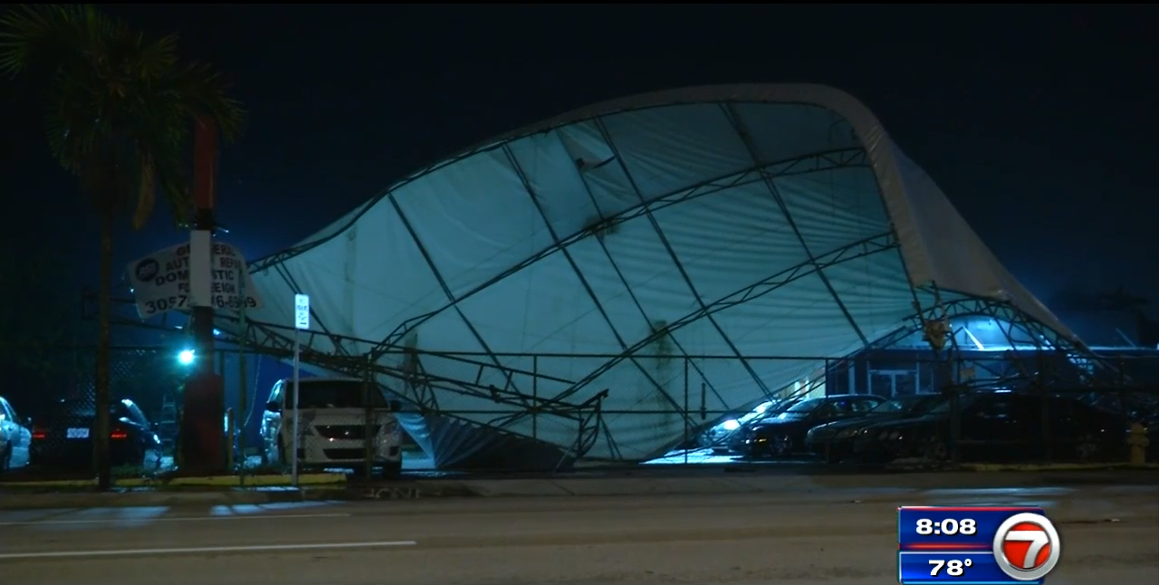 Several vehicles damaged after canopy falls onto Miami business ...