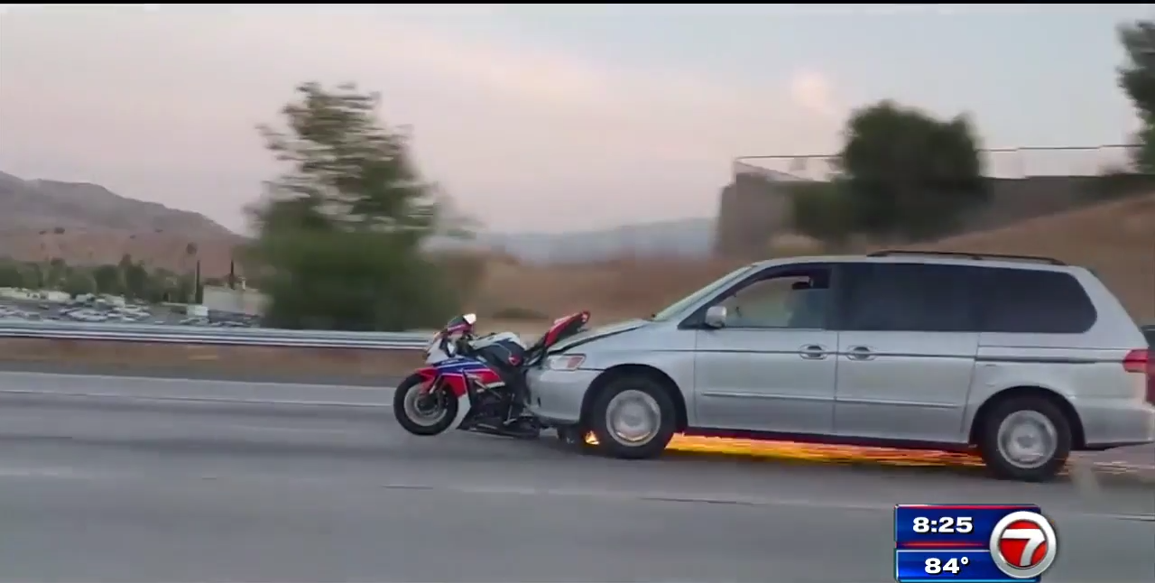 Minivan pushes crushed motorcycle down freeway following hit-and-run ...
