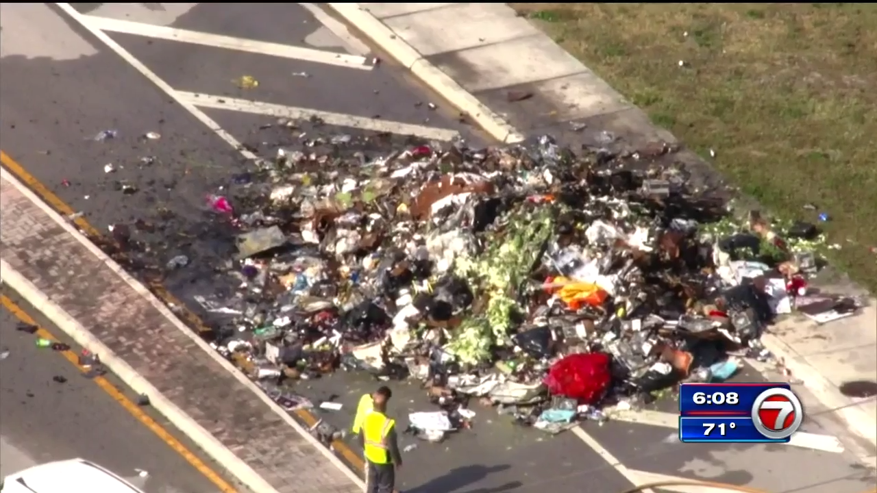 Garbage truck dumps fiery load of trash on Davie road - WSVN 7News ...