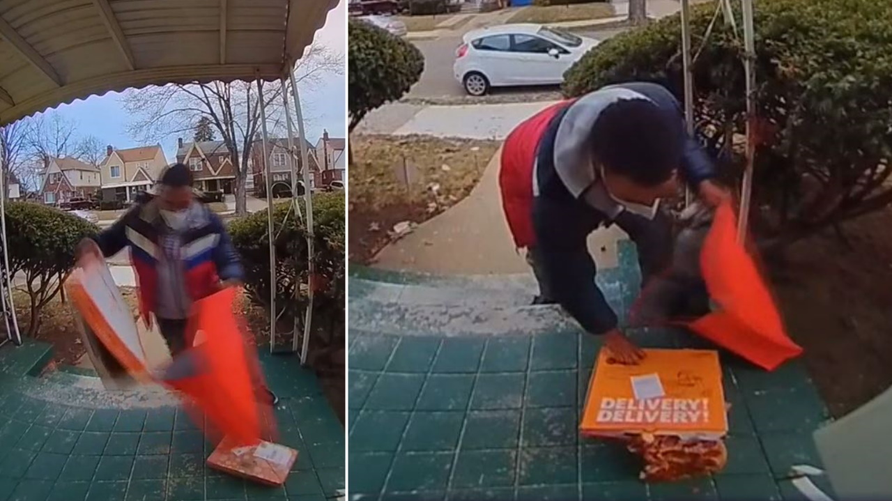 Food delivery driver caught on camera dropping pizza on ground ...