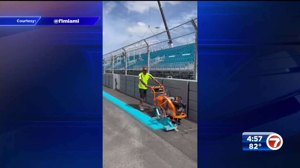Miami Grand Prix track painted in light blue – WSVN 7News | Miami News ...