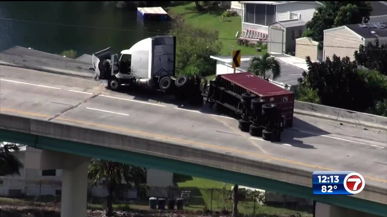 Tractor trailer rolls over on Turnpike in Davie - WSVN 7News | Miami ...