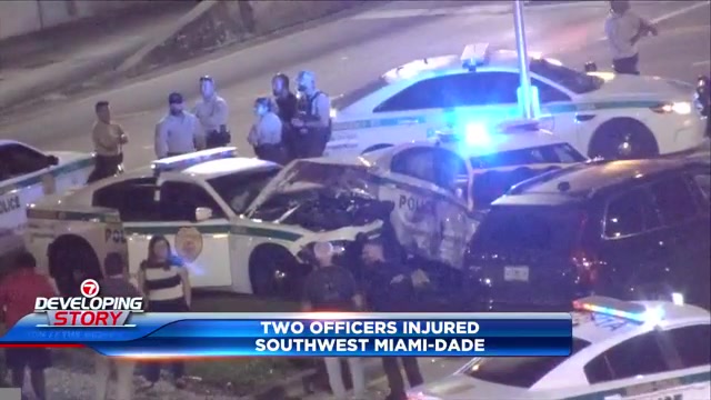 2 MDPD officers hospitalized after crash off Turnpike in SW Miami-Dade brings down FDOT pole ...