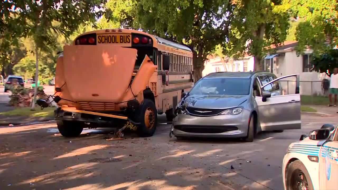 Students safe following school bus collision with van in Miami - WSVN ...