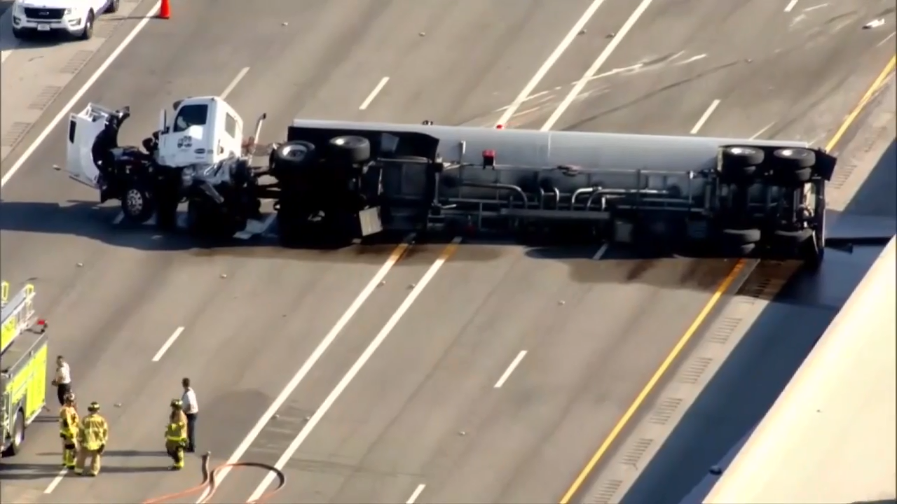 Crash on Florida Turnpike in SW Miami-Dade causes tanker truck to overturn, leading to rush hour ...