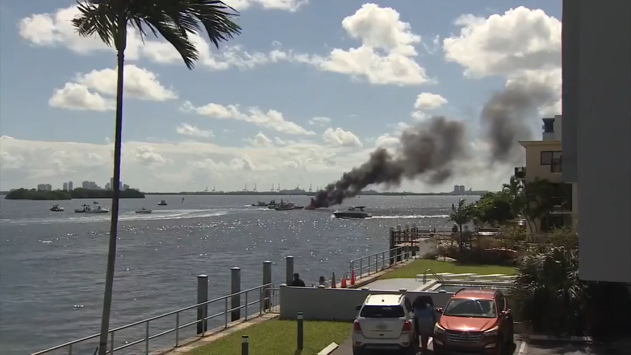 2 hospitalized after boat catches fire in Biscayne Bay - WSVN 7News | Miami News, Weather ...