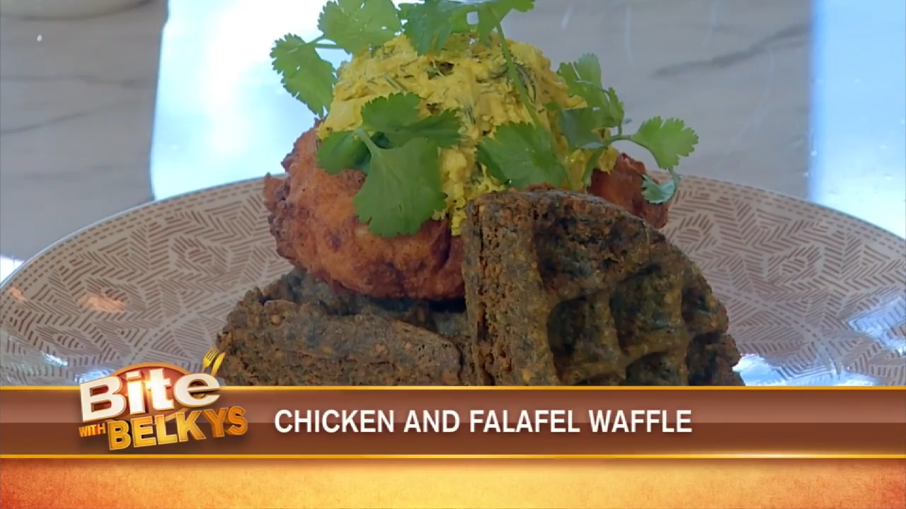 Chicken and Falafel Waffle with Harissa Honey and Turmeric Cole Slaw ...