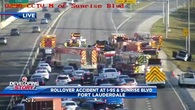 1 hospitalized after 3-vehicle rollover crash on I-95 near Sunrise Blvd. that shut down SB lanes ...